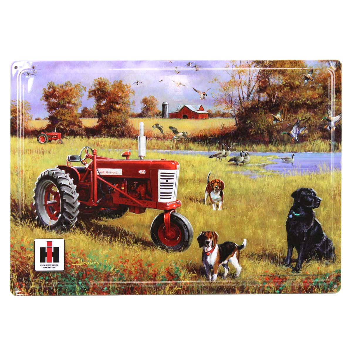 IH Farmall 450 Tractor with Dogs Farm Scene Tin Sign, 17in x 12in — Outback Toys