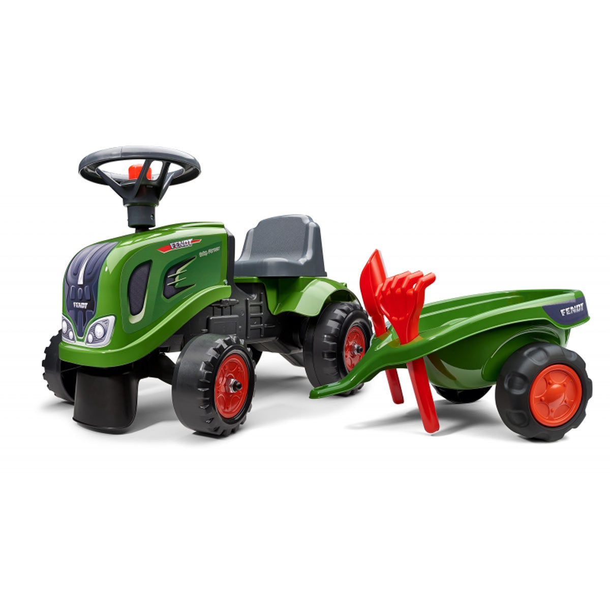 Fendt Ride-on & Push-along Tractor with Trailer, Rake, Shovel & 2 Stic ...