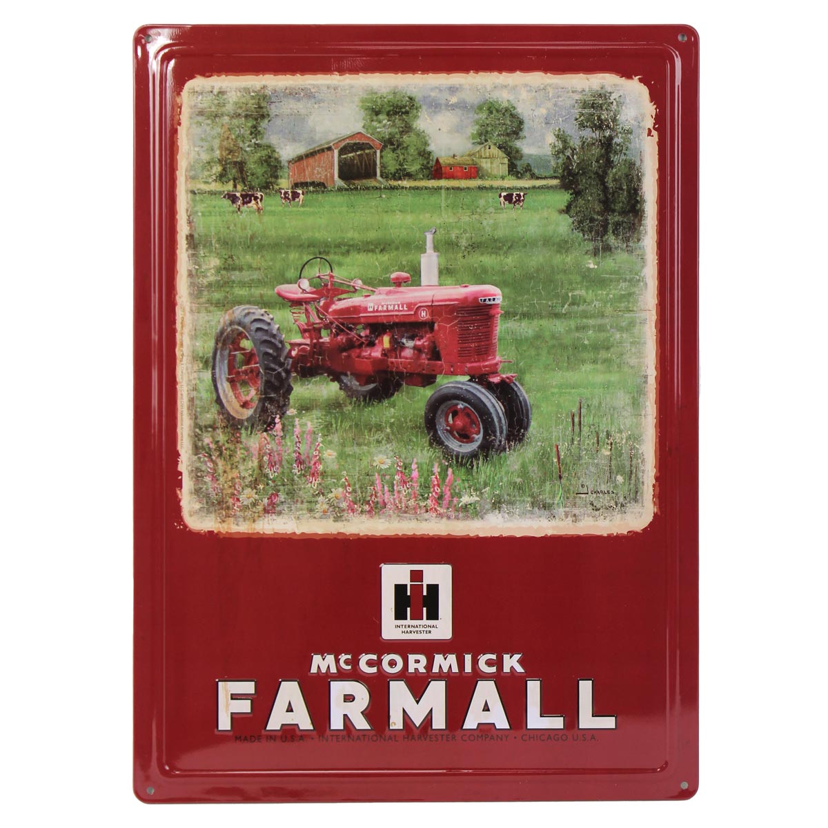 IH McCormick Farmall H Tractor in Farm Scene Metal Sign, 17in x 12in ...