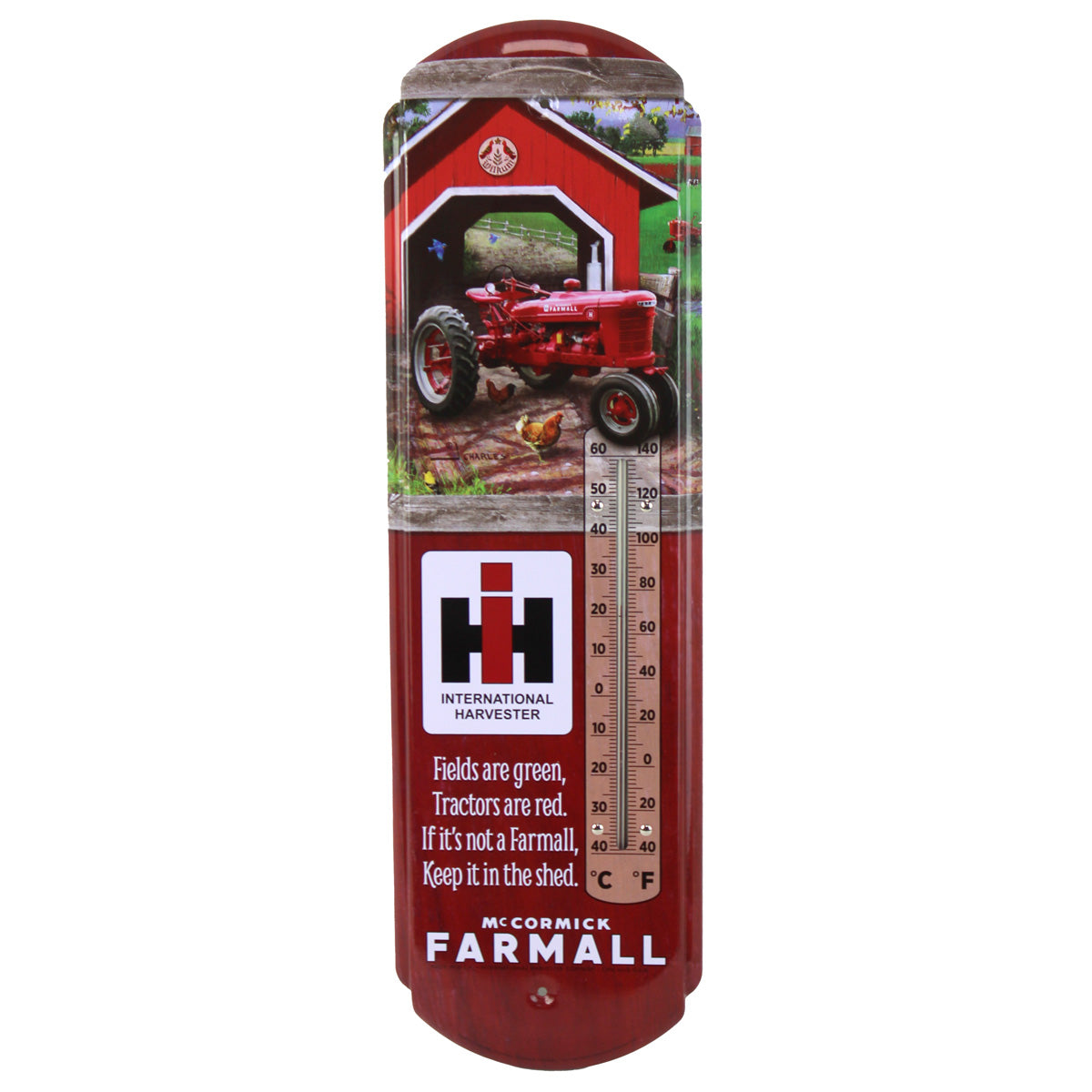 IH McCormick Farmall H Tractor Scene Metal Thermometer, 5.125in x 17.3 — Outback Toys