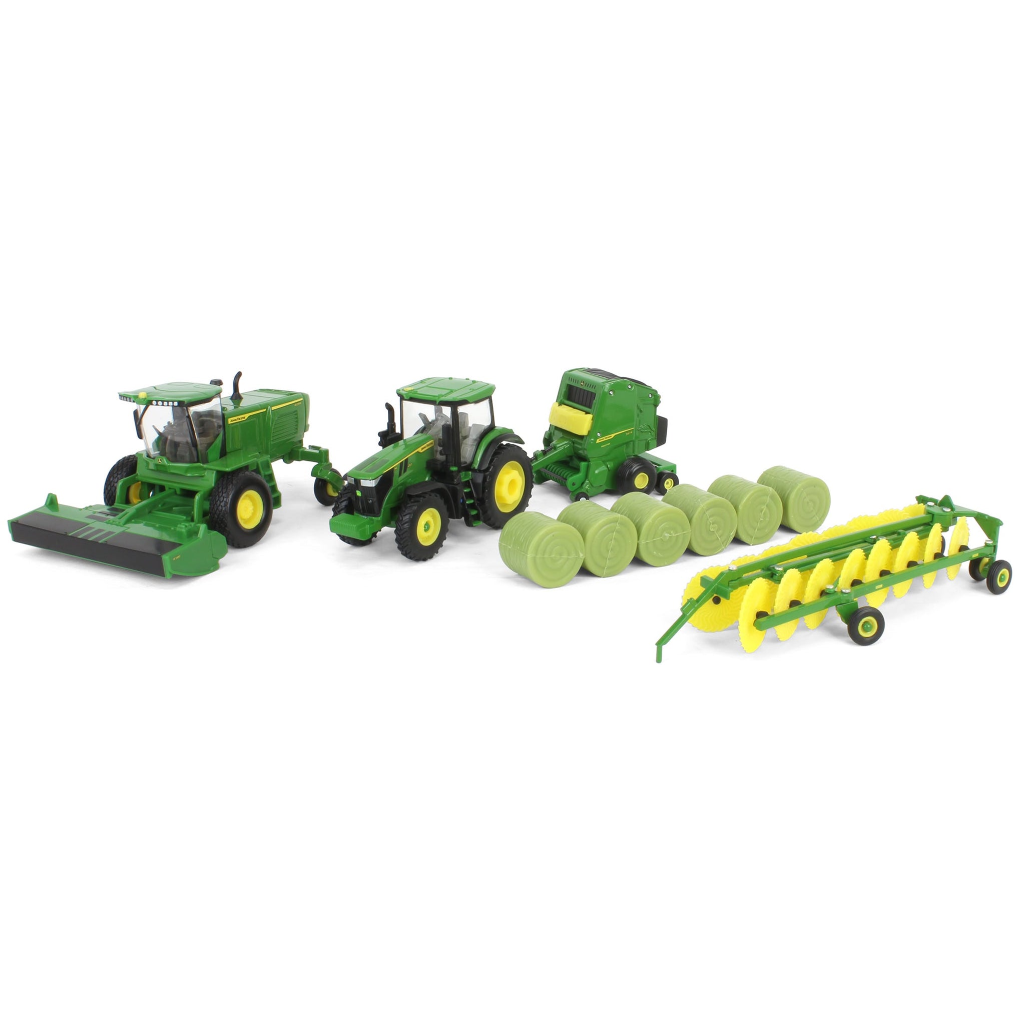 1/64 John Deere Haying Set with Windrower, Tractor, Hay Rake, Baler ...
