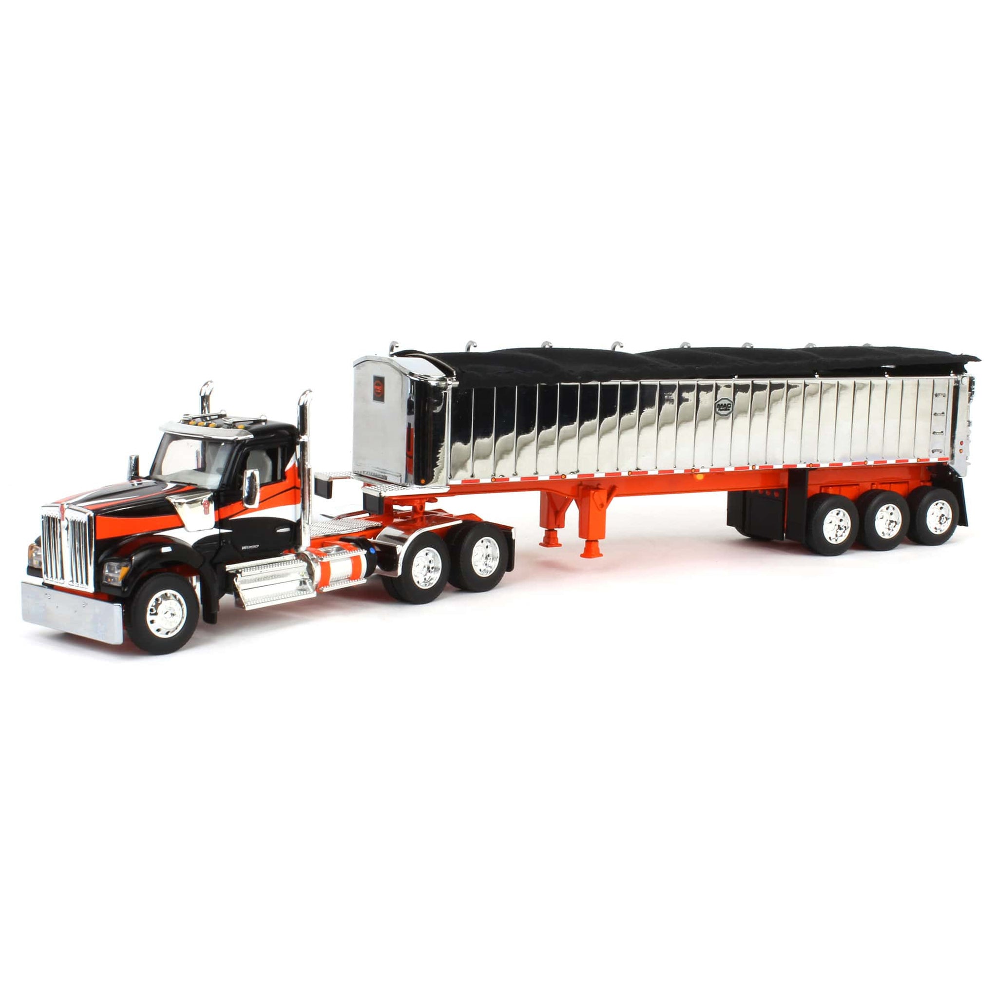 1/64 Black & Orange Kenworth W990 with Chrome MAC Coal End Dump Traile ...
