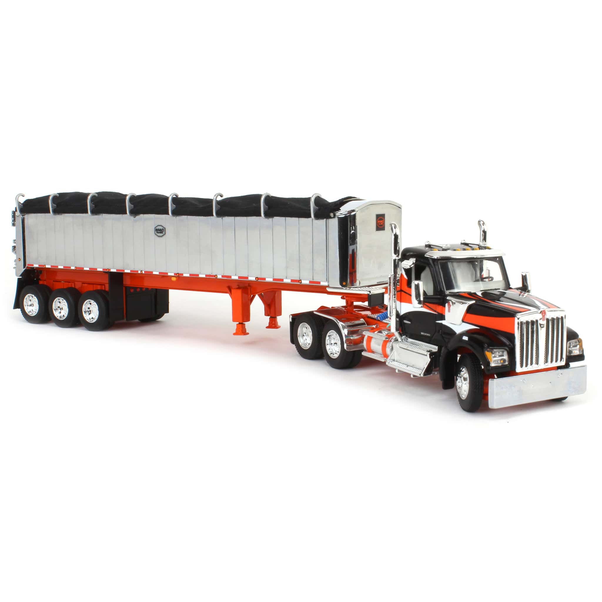 1/64 Black & Orange Kenworth W990 with Chrome MAC Coal End Dump Traile ...