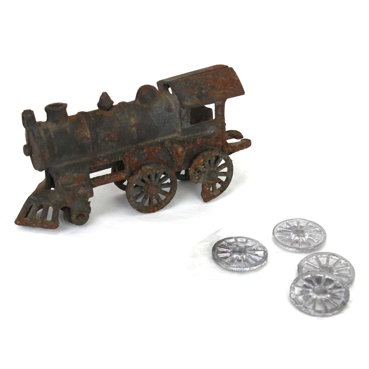 Lot of (1) Cast Iron Locomotive and (4) Wheels — Outback Toys